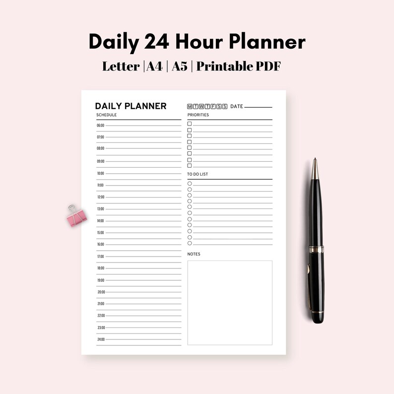 24 Hour Daily Planner Printable, Minimalist Hourly Planner, Time ...