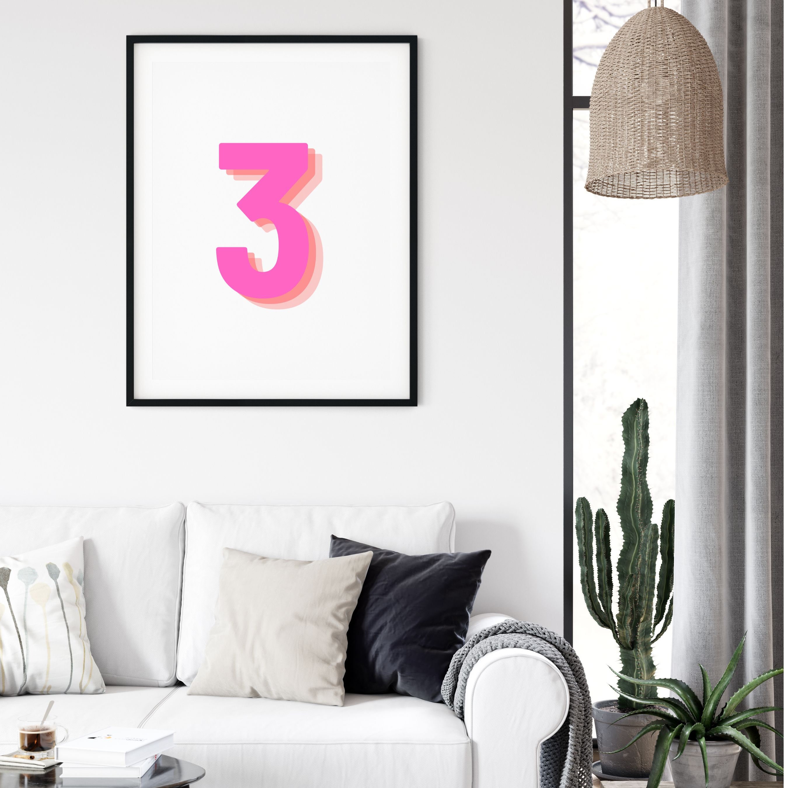 Retro 3d Number 3 Print, Monogram Number Three Print, Pink and Orange ...