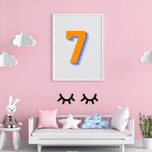 Retro 3d Number 7 Print, Monogram Seven Print, Orange and Navy Number ...