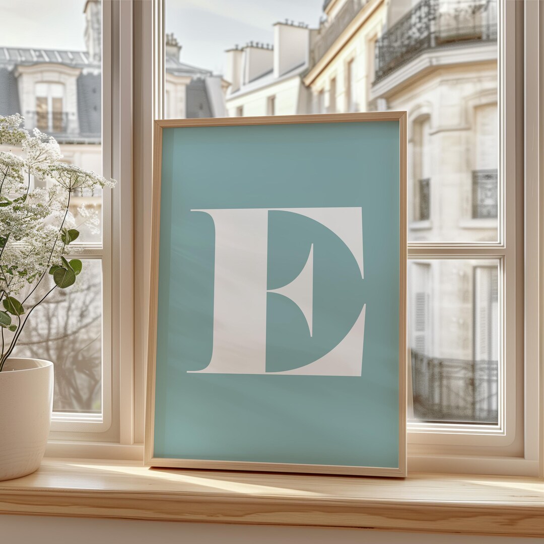 Retro Letter E Wall Art, Monogram Letter Art, Blue Wall Art Print ...