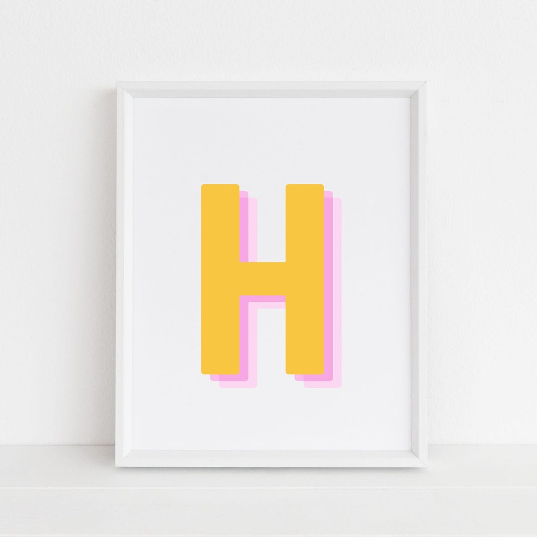 Retro 3d H Print, Monogram Letter H Print, Yellow Pink Letter, Initial ...