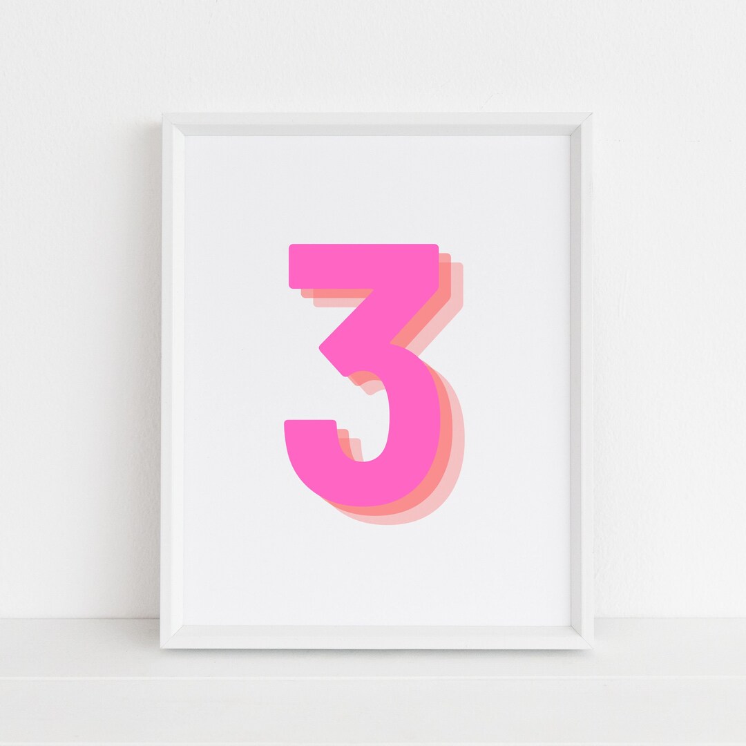 Retro 3d Number 3 Print, Monogram Number Three Print, Pink and Orange ...