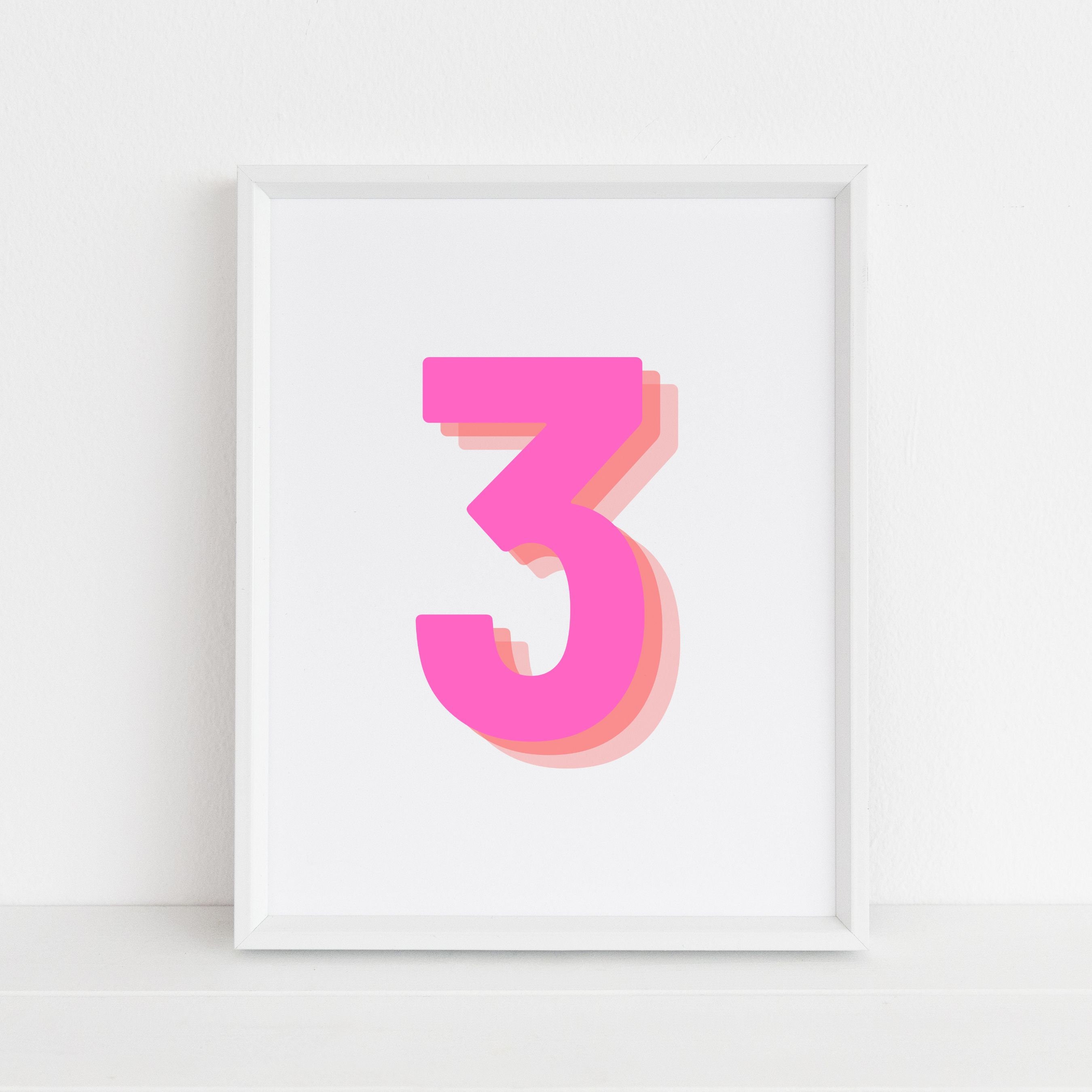 Retro 3d Number 3 Print, Monogram Number Three Print, Pink and Orange ...