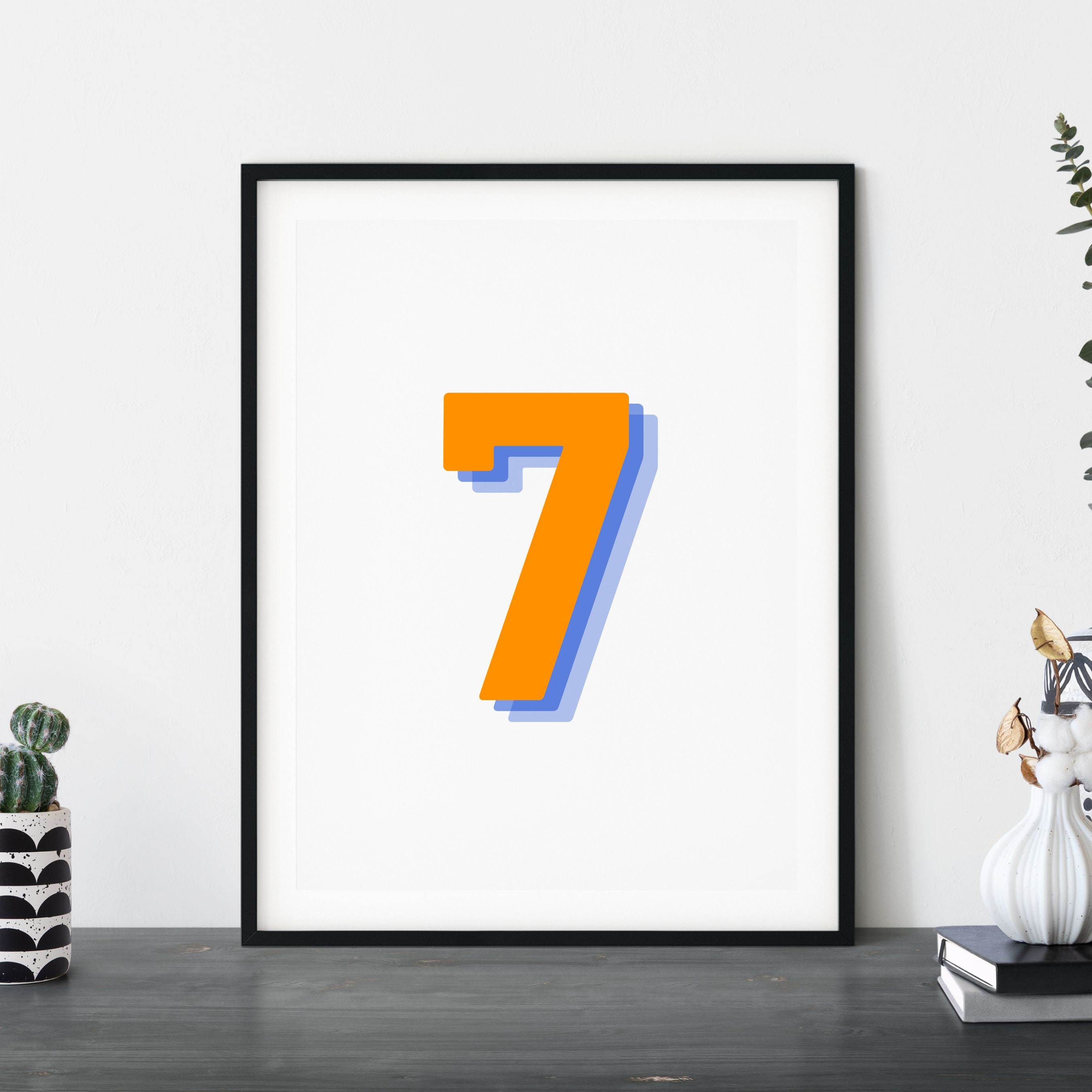 Retro 3d Number 7 Print, Monogram Seven Print, Orange and Navy Number ...