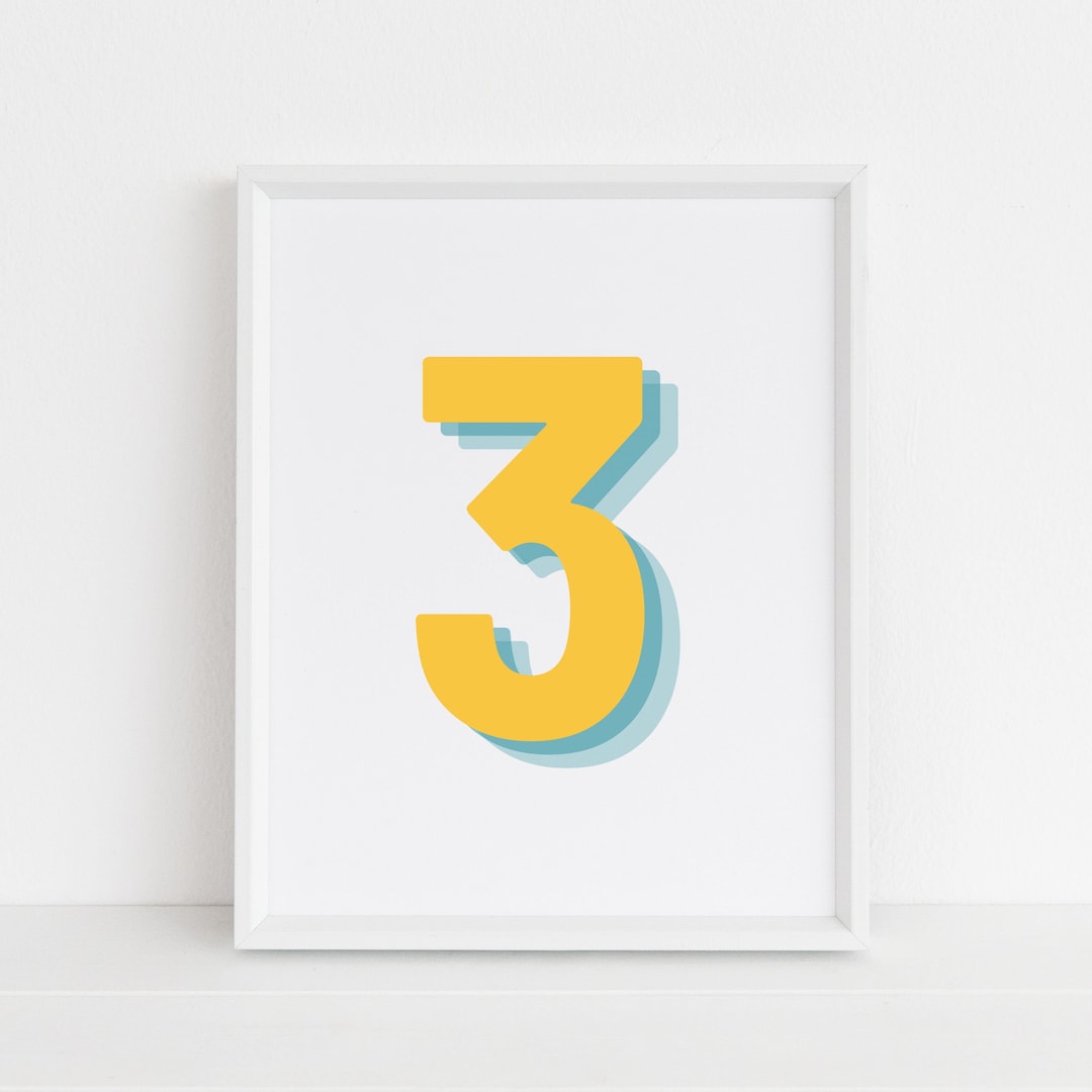Retro 3d Yellow Number 3 Print, Monogram Number Three Print, Yellow ...