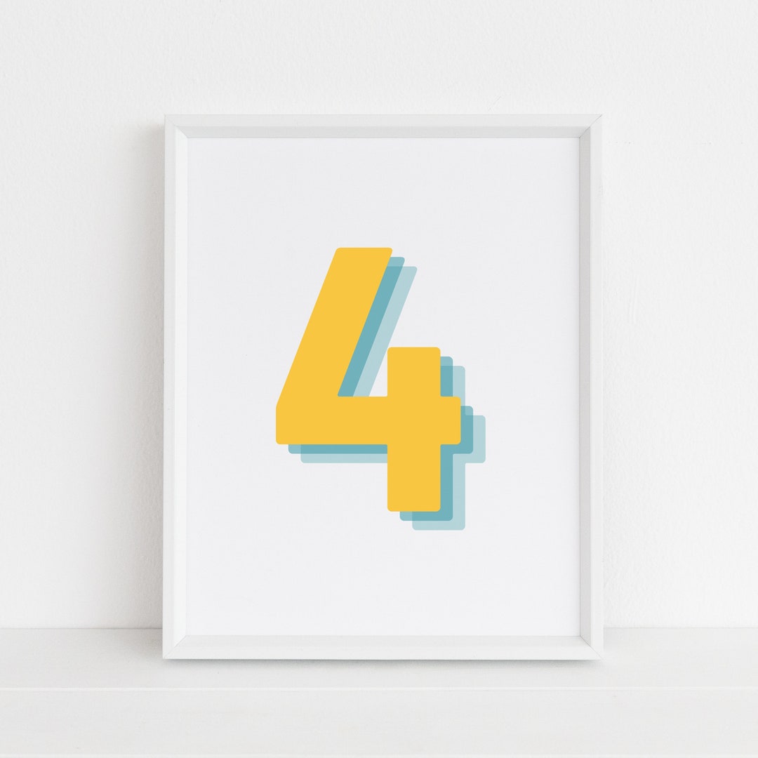 Retro 3d Yellow Number 4 Print, Monogram Number Four Print, Yellow ...