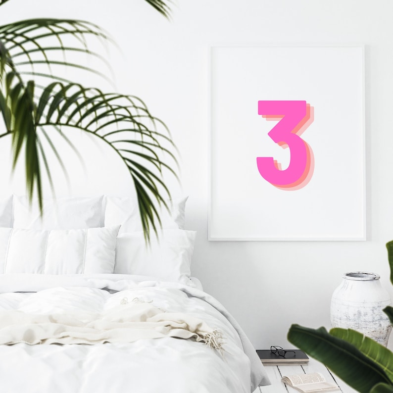 Retro 3d Number 3 Print, Monogram Number Three Print, Pink and Orange ...
