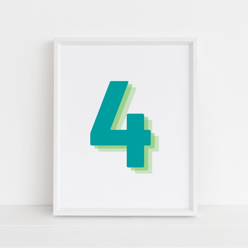 Retro 3d Green Number 4 Print, Monogram Number Four Print, Green Digit ...