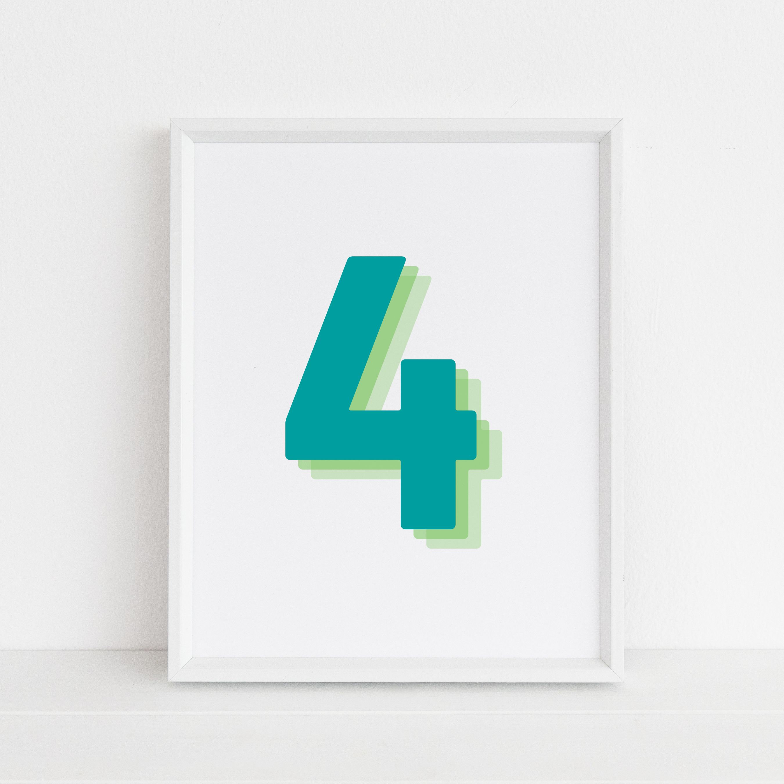 Retro 3d Green Number 4 Print, Monogram Number Four Print, Green Digit ...
