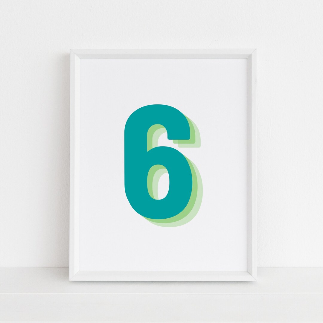 Retro 3d Green Number 6 Print, Monogram Number Six Print, Green Digit ...