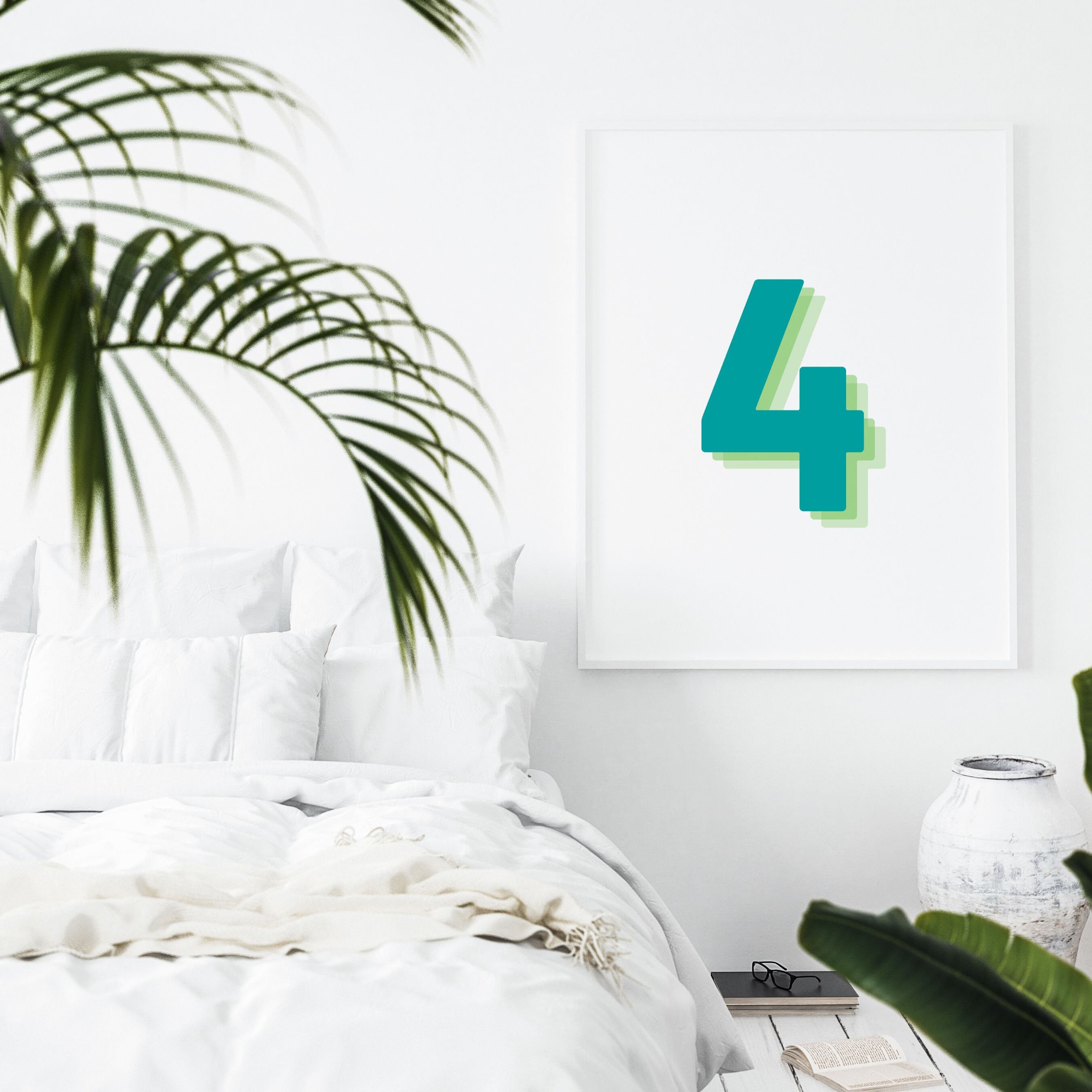 Retro 3d Green Number 4 Print, Monogram Number Four Print, Green Digit ...