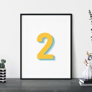 Retro 3d Yellow Number 2 Print, Monogram Number Two Print, Yellow Digit ...