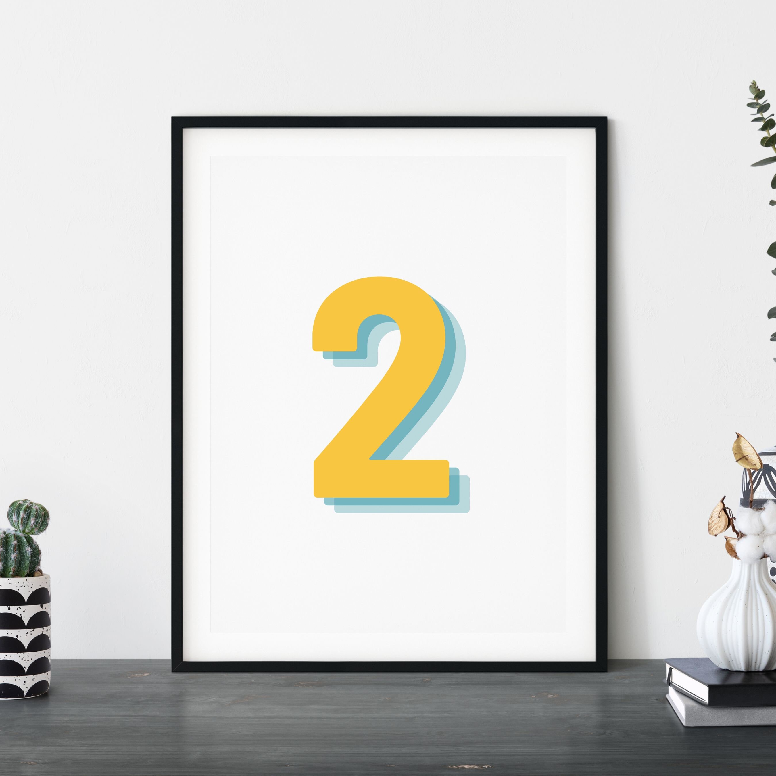 Retro 3d Yellow Number 2 Print, Monogram Number Two Print, Yellow Digit ...