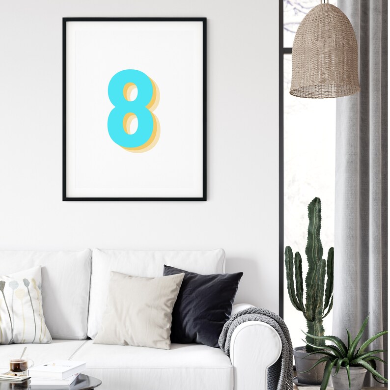 Retro 3d Neon Blue Number 8 Print, Monogram Number Eight Print, Blue ...