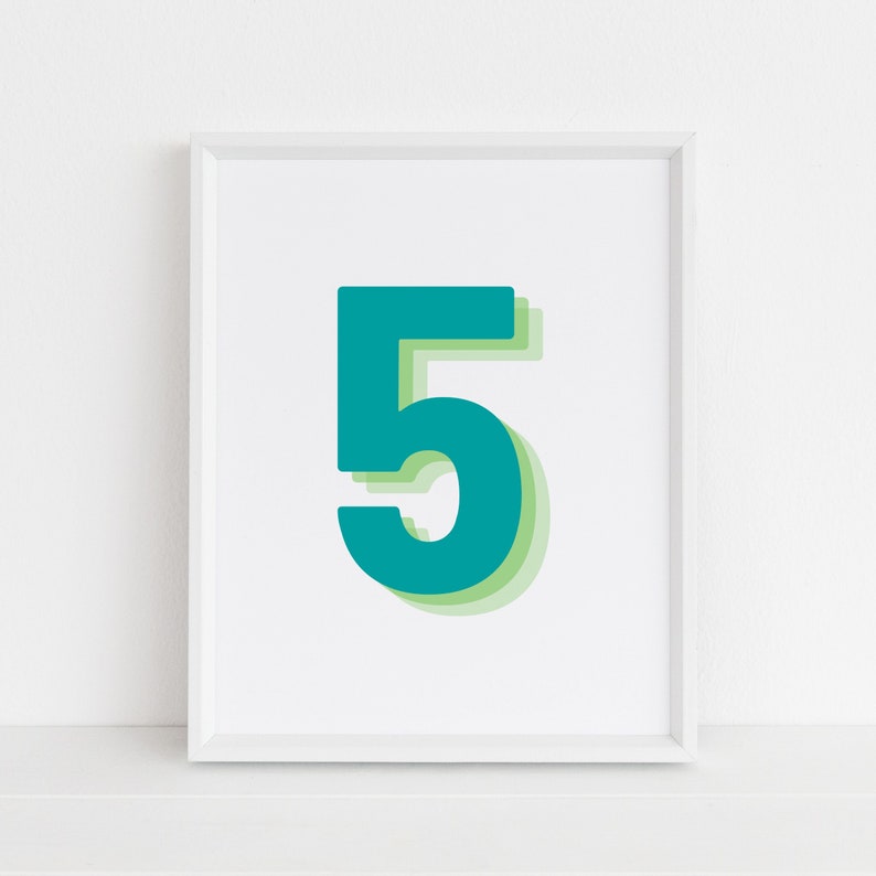 Retro 3d Green Number 5 Print, Monogram Number Five Print, Green Digit ...