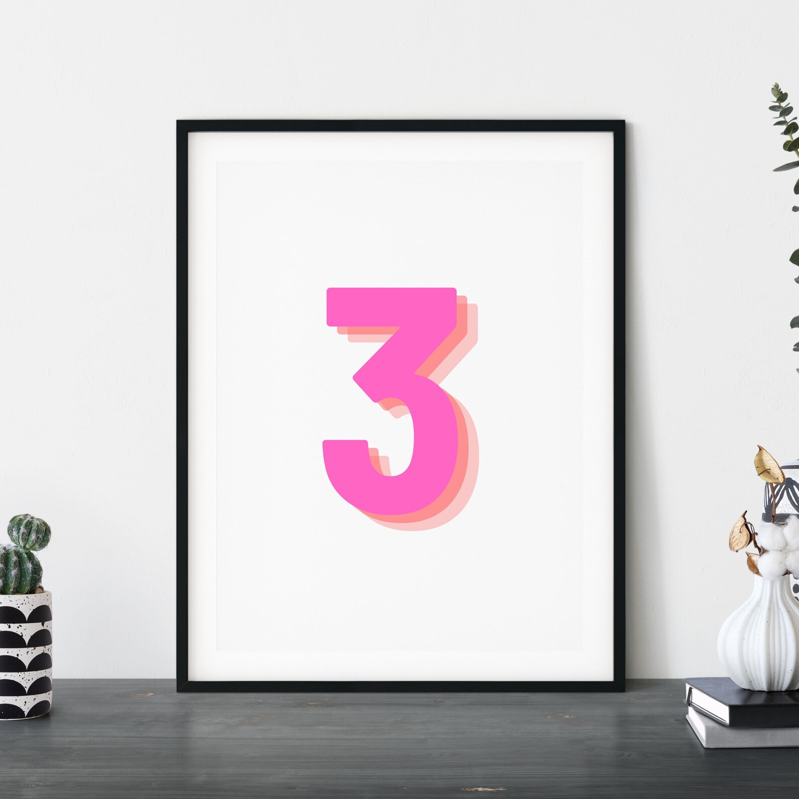 Retro 3d Number 3 Print, Monogram Number Three Print, Pink and Orange ...