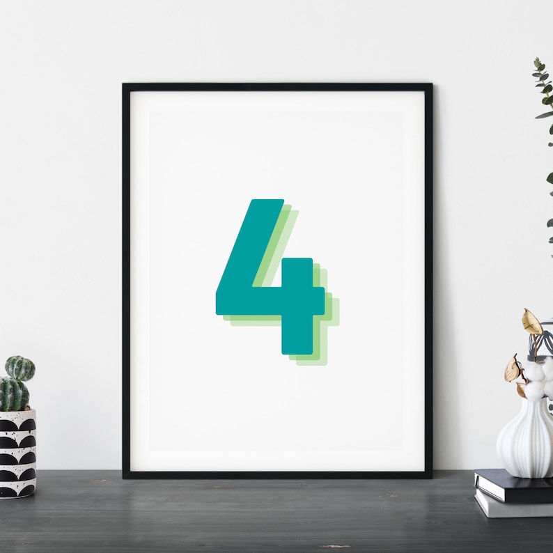 Retro 3d Green Number 4 Print, Monogram Number Four Print, Green Digit ...