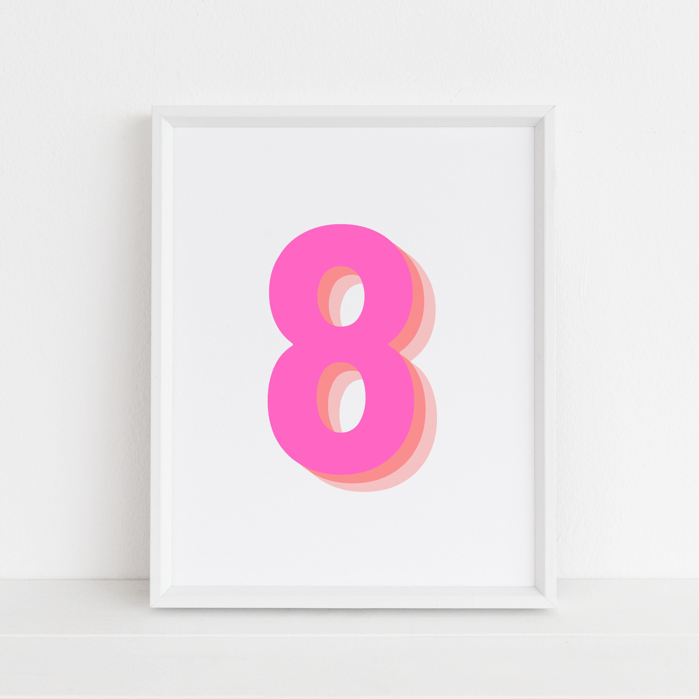 Retro 3d Number 8 Print, Monogram Number Eight Print, Pink and Orange ...