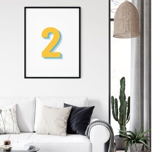 Retro 3d Yellow Number 2 Print, Monogram Number Two Print, Yellow Digit ...