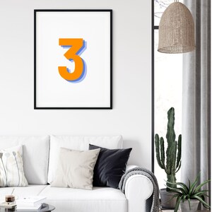 Retro 3d Number 3 Print, Monogram Three Print, Orange and Navy Number ...