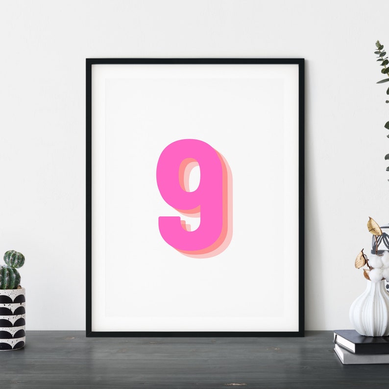Retro 3d Number 9 Print, Monogram Number Nine Print, Pink and Orange ...