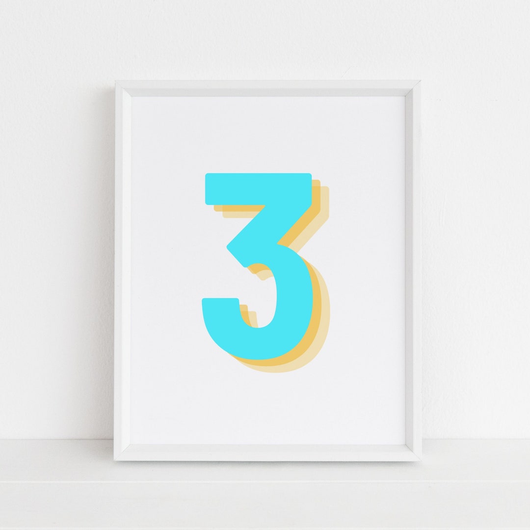 Retro 3d Blue Number 3 Print, Monogram Number Three Print, Blue Digit ...