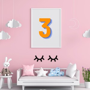 Retro 3d Number 3 Print, Monogram Three Print, Orange and Navy Number ...