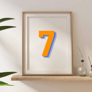 Retro 3d Number 7 Print, Monogram Seven Print, Orange and Navy Number ...