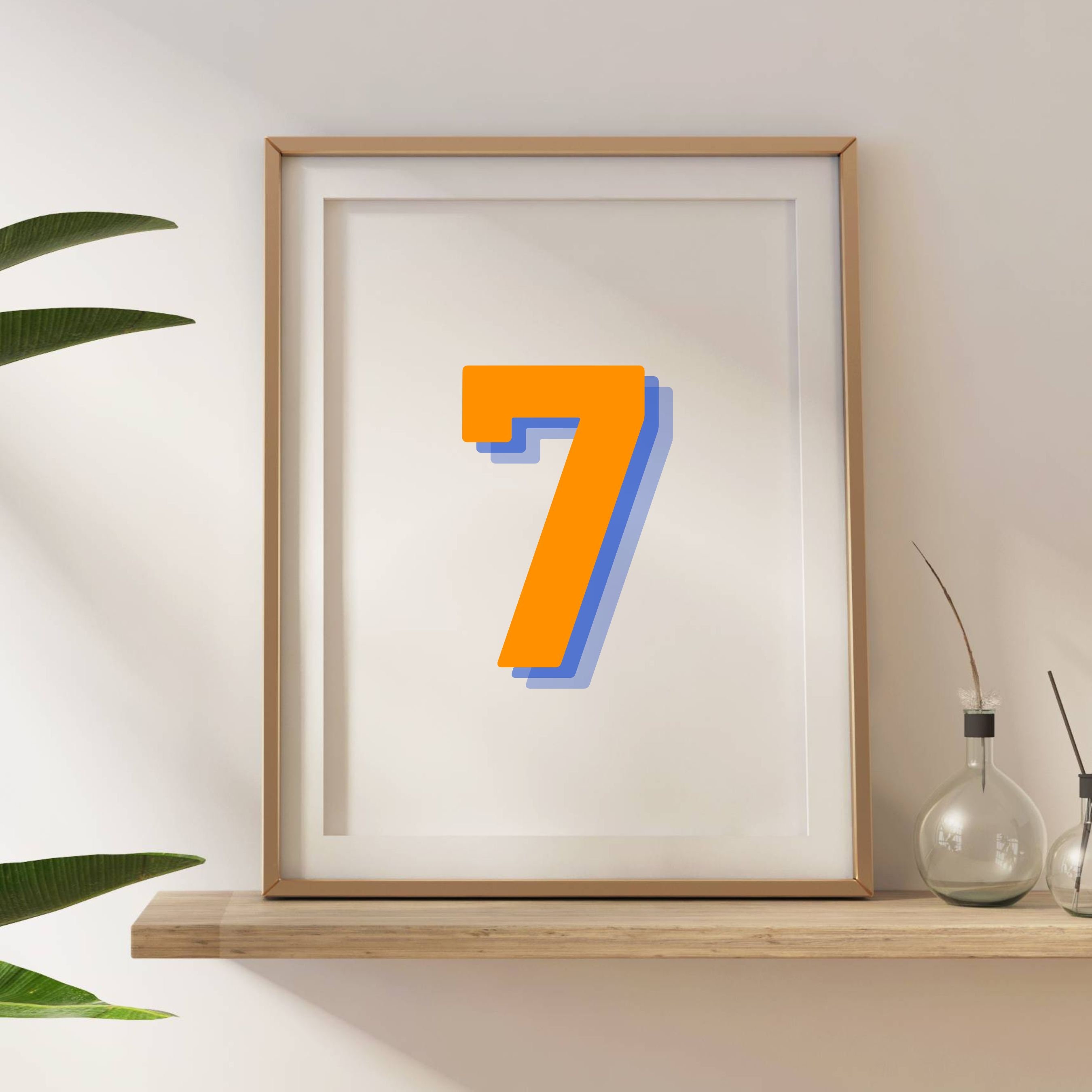 Retro 3d Number 7 Print, Monogram Seven Print, Orange and Navy Number ...