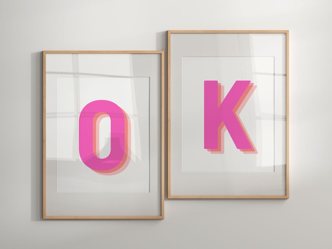 OK Typography Set of 2 Art Print, Black Trendy Retro Wall Art, Mid ...