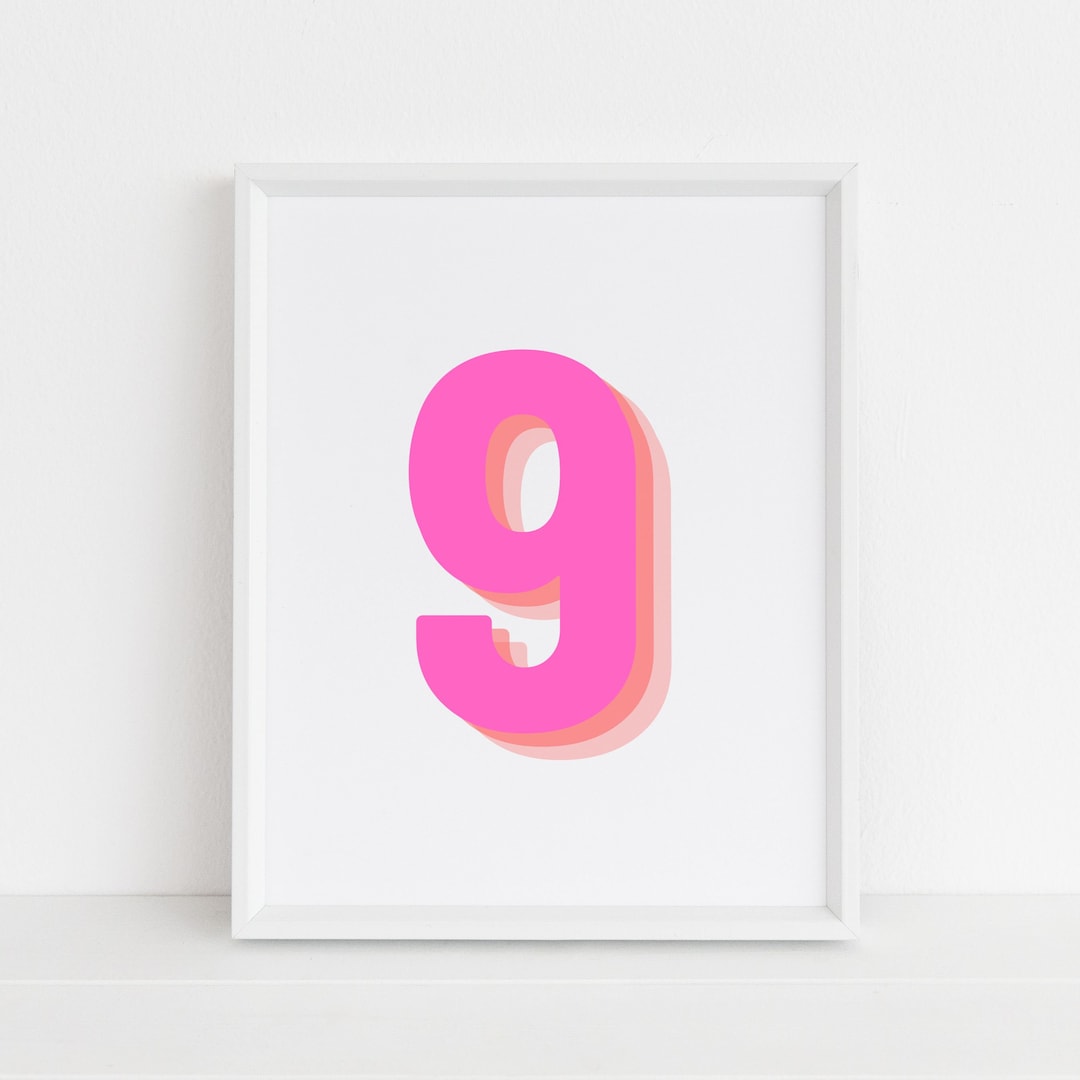 Retro 3d Number 9 Print, Monogram Number Nine Print, Pink and Orange ...