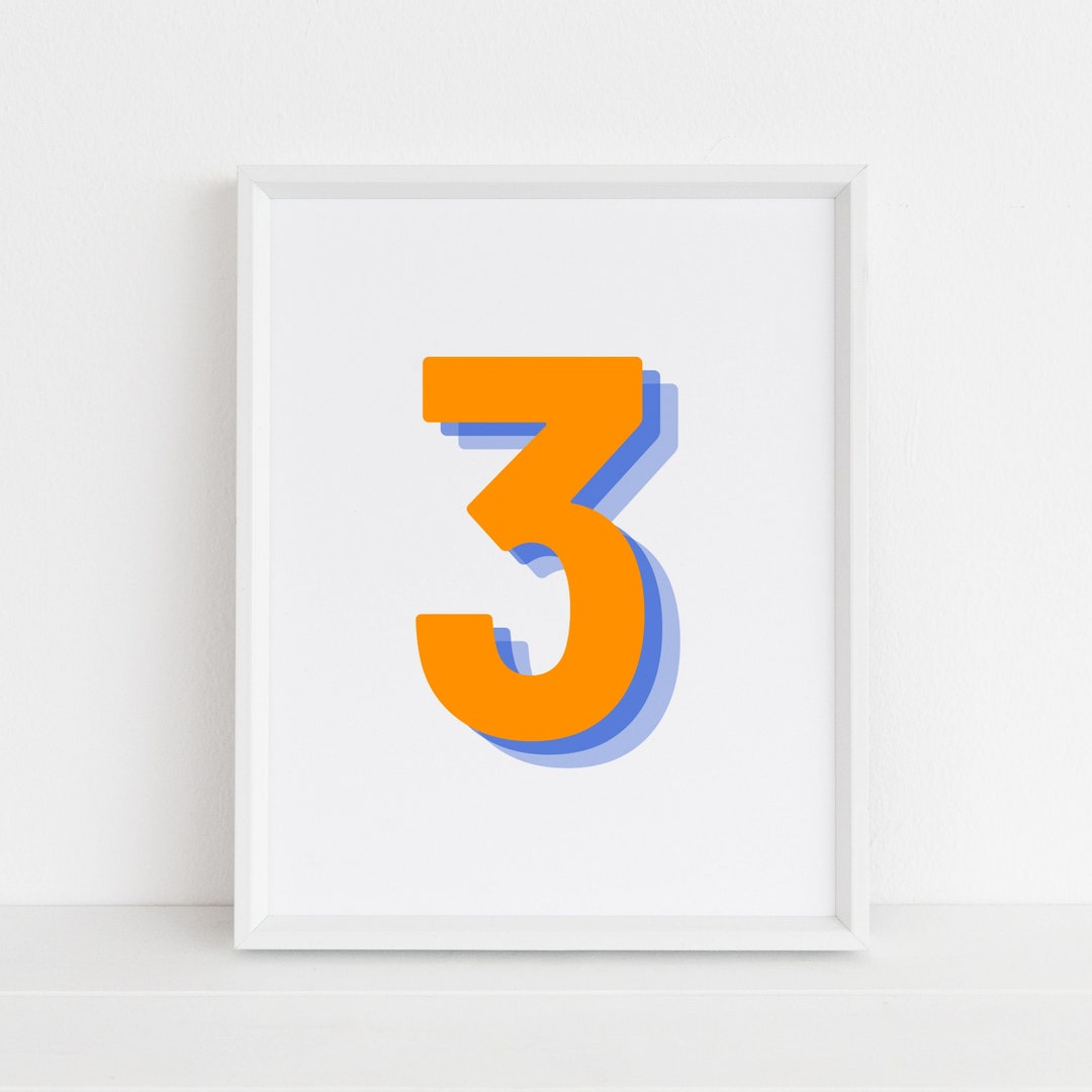 Retro 3d Number 3 Print, Monogram Three Print, Orange and Navy Number ...