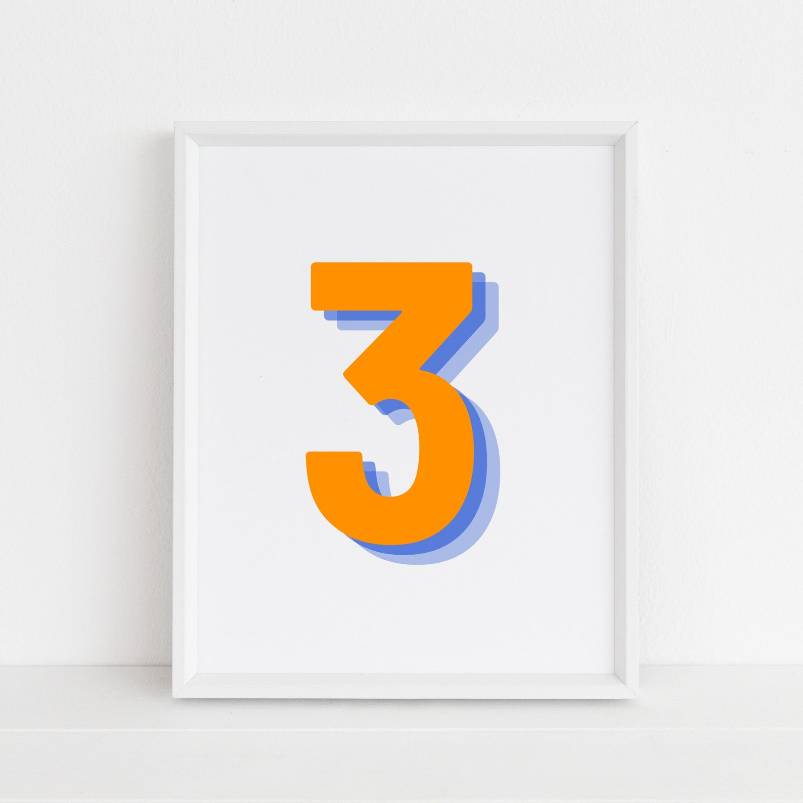 Retro 3d Number 3 Print, Monogram Three Print, Orange and Navy Number ...