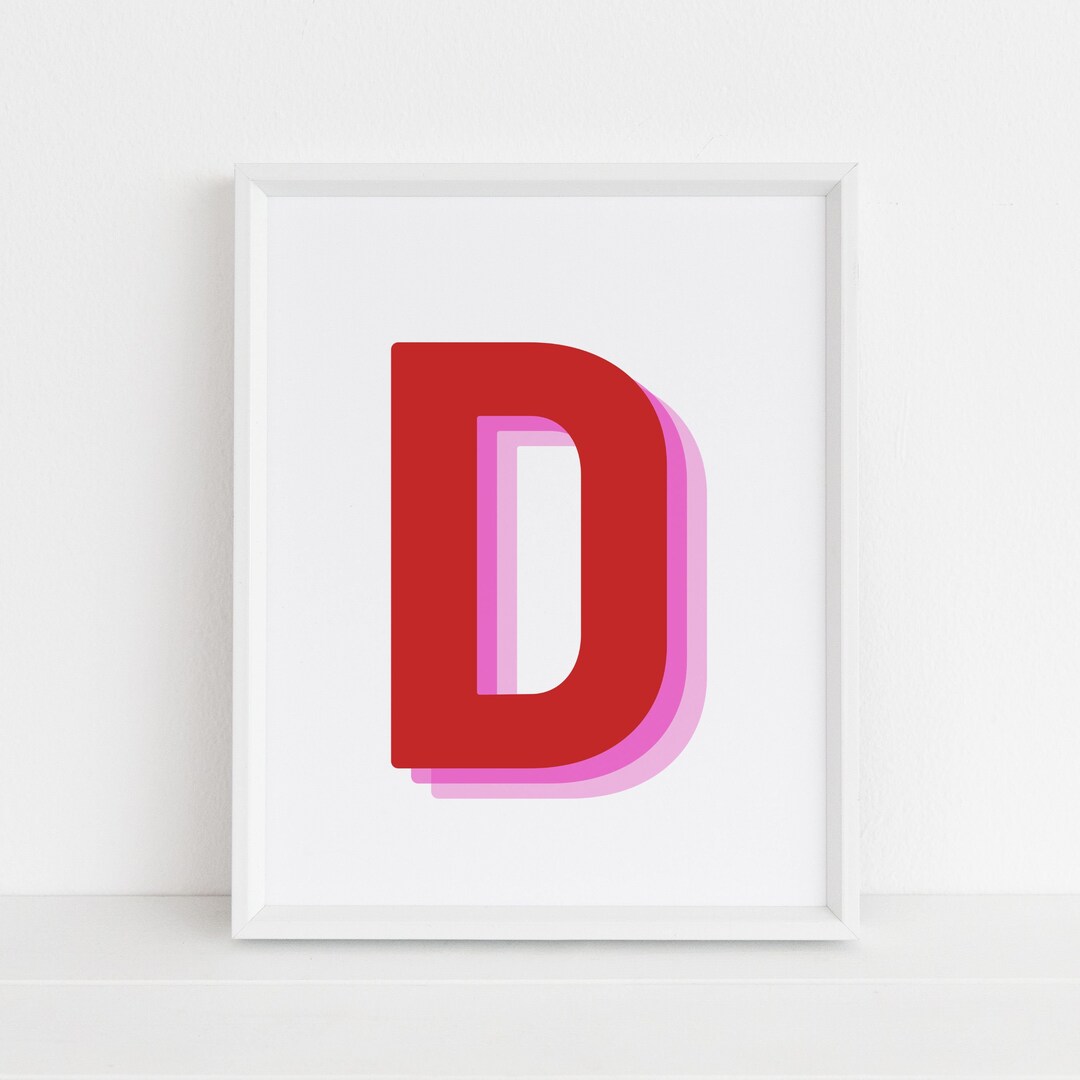 Retro 3d Letter D Print, Monogram Letter Print, Red Pink Letter ...