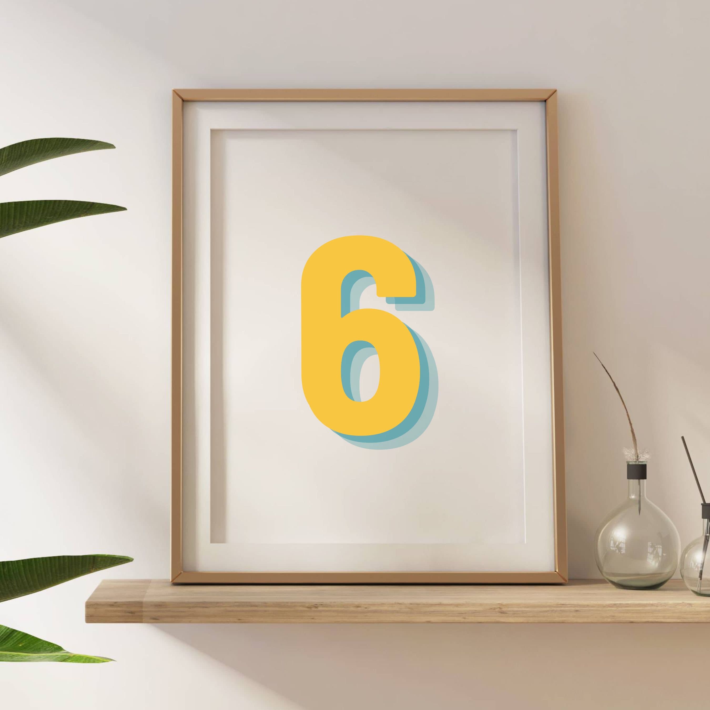Retro 3d Yellow Number 6 Print, Monogram Number Six Print, Yellow Digit ...