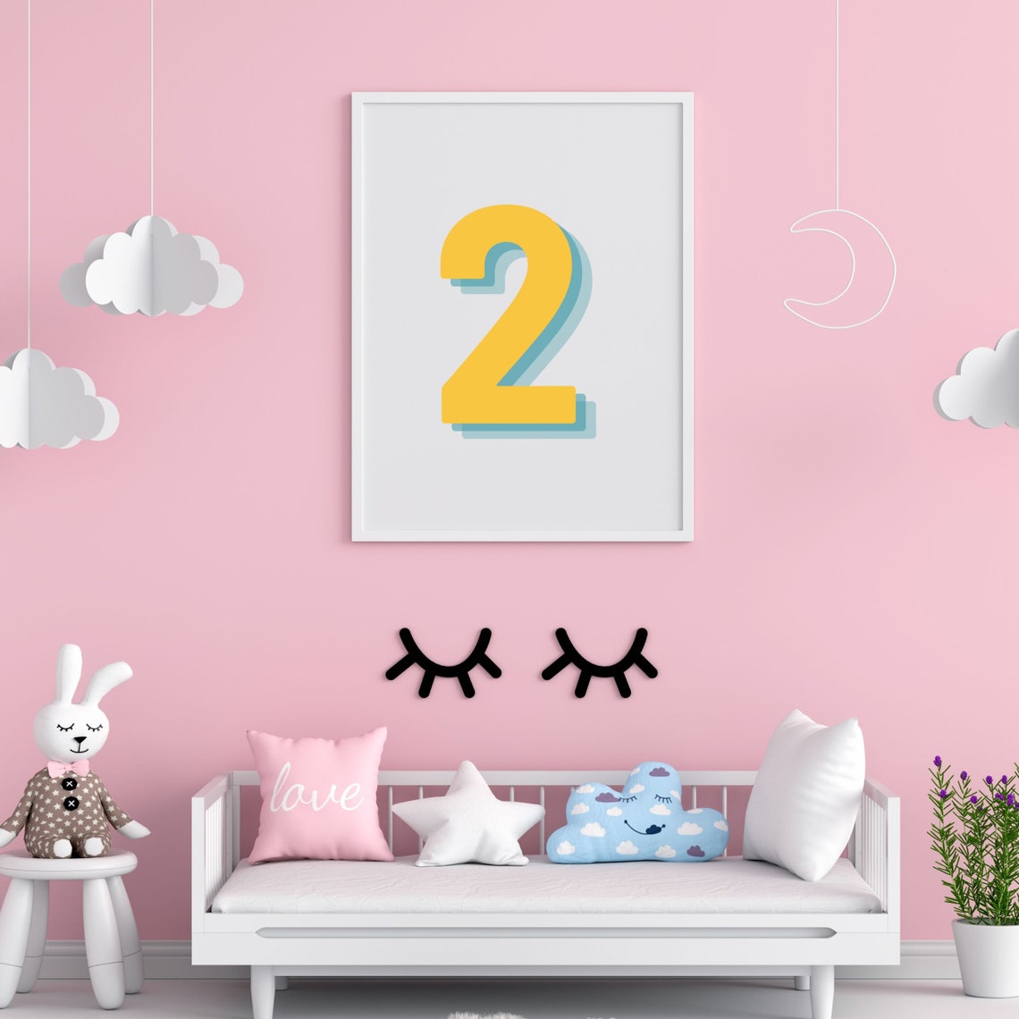 Retro 3d Yellow Number 2 Print, Monogram Number Two Print, Yellow Digit ...