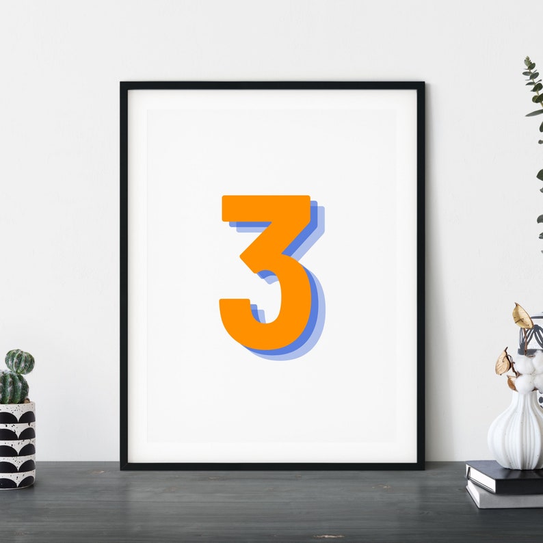 Retro 3d Number 3 Print, Monogram Three Print, Orange and Navy Number ...