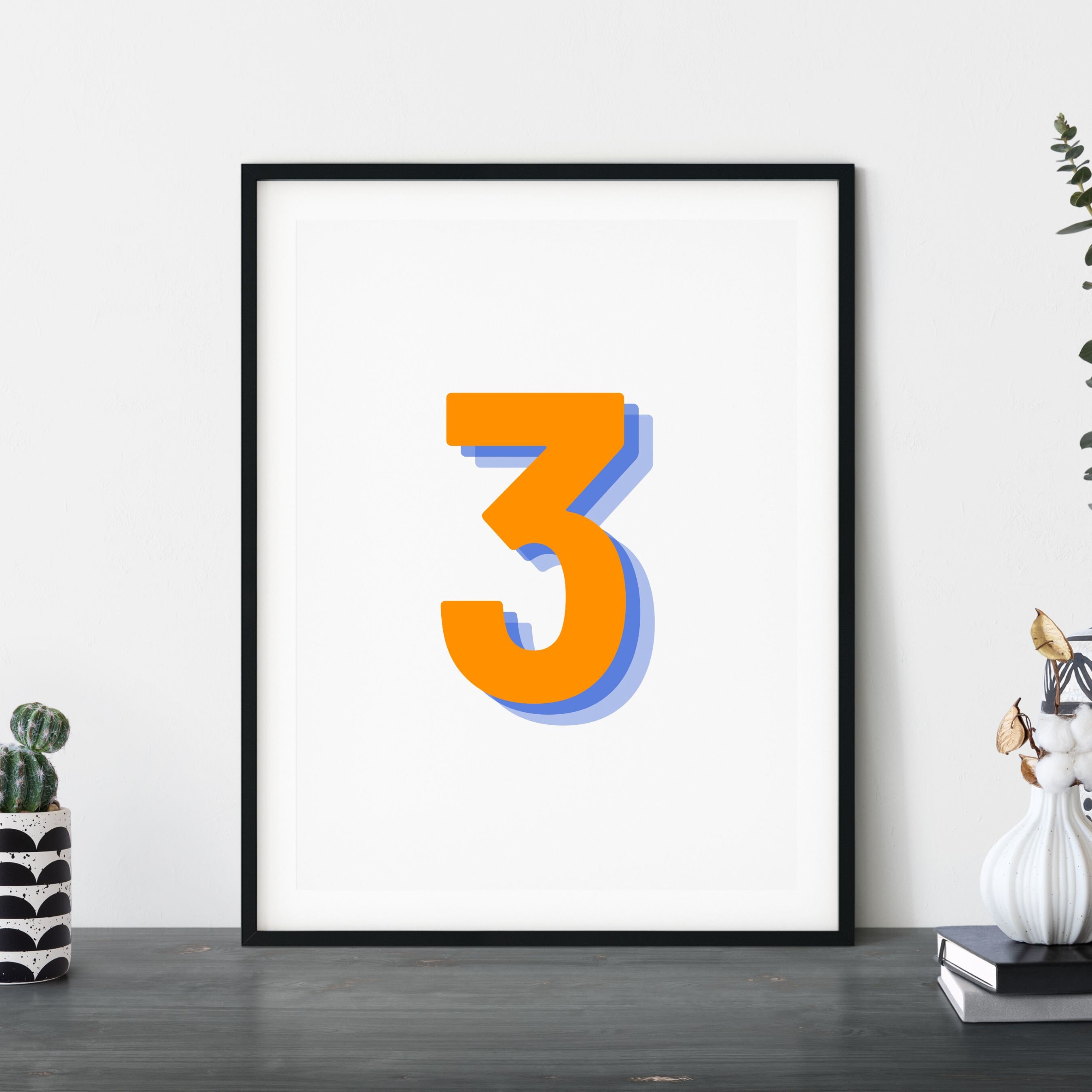 Retro 3d Number 3 Print, Monogram Three Print, Orange and Navy Number ...