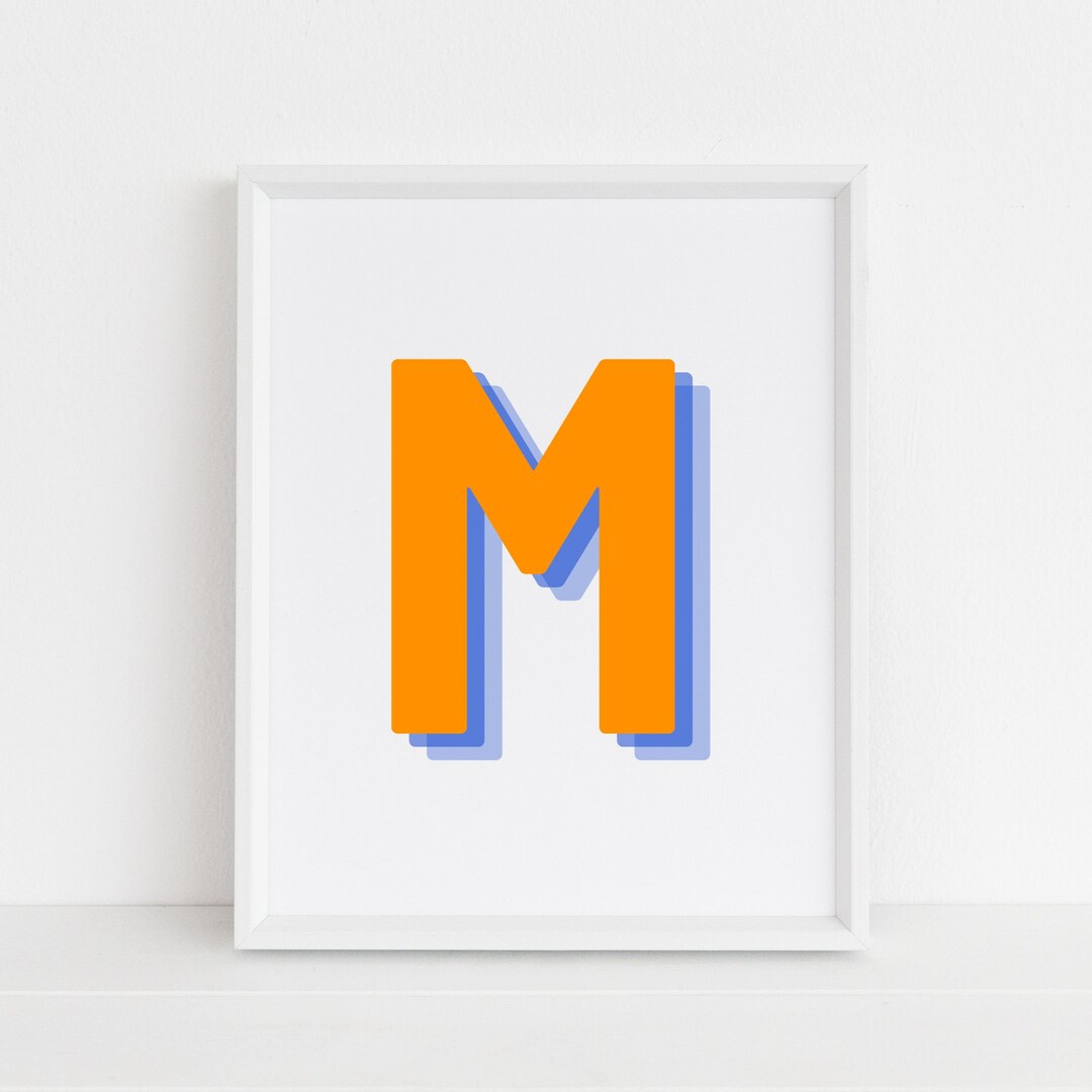 Retro 3d Letter M Print, Monogram Letter Print, Orange and Navy Letter ...