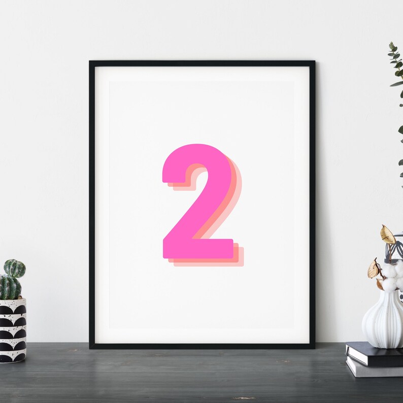 Retro 3d Number 2 Print, Monogram Number Two Print, Pink and Orange ...