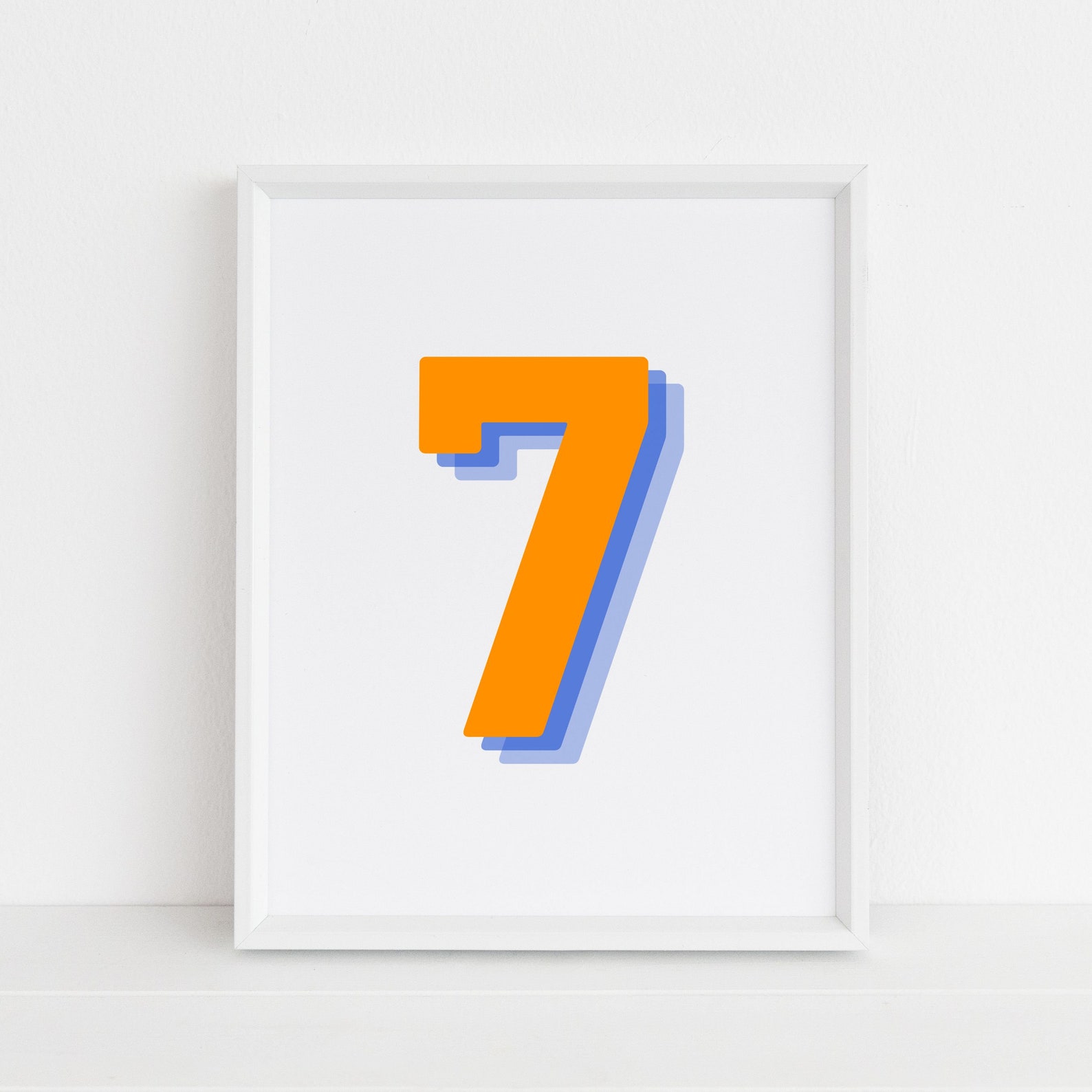 Retro 3d Number 7 Print, Monogram Seven Print, Orange and Navy Number ...
