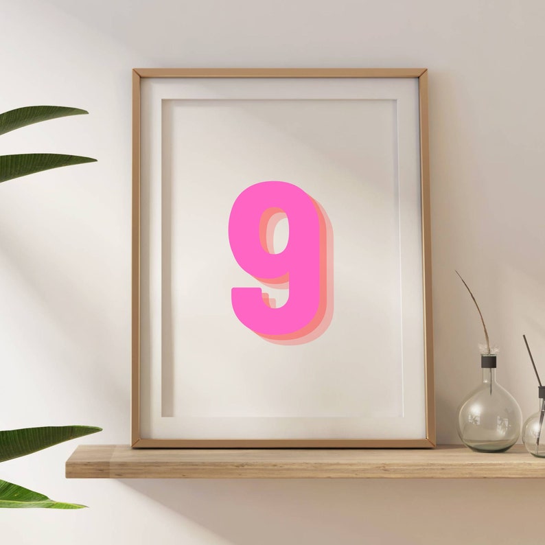 Retro 3d Number 9 Print, Monogram Number Nine Print, Pink and Orange ...