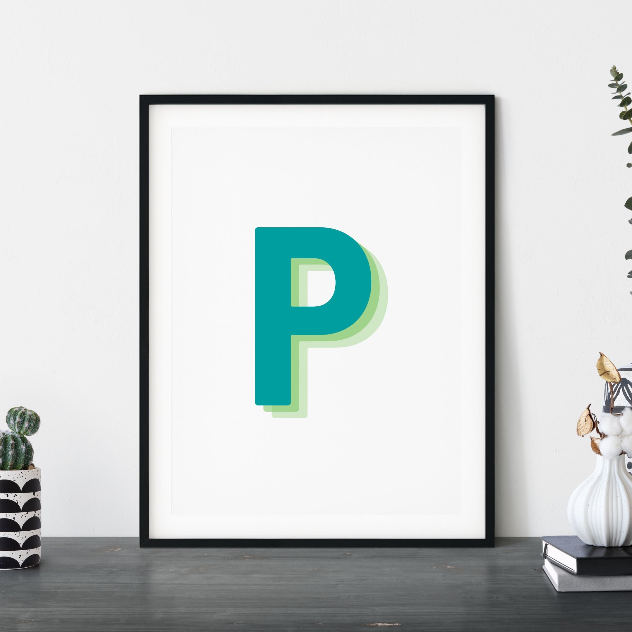 Retro 3d Letter P Print, Monogram Letter Print, Green and Lime Letter ...