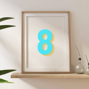 Retro 3d Neon Blue Number 8 Print, Monogram Number Eight Print, Blue ...