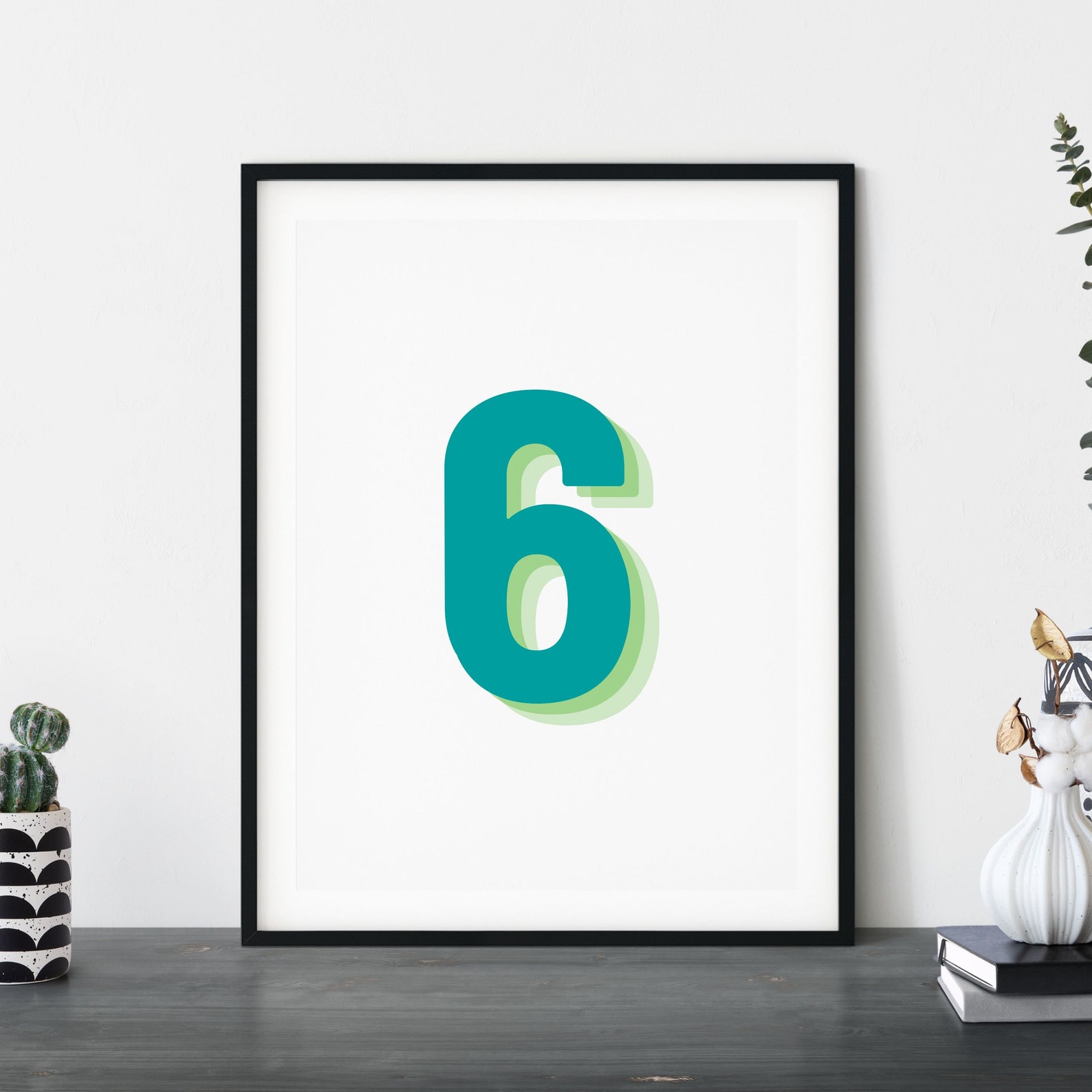 Retro 3d Green Number 6 Print, Monogram Number Six Print, Green Digit ...
