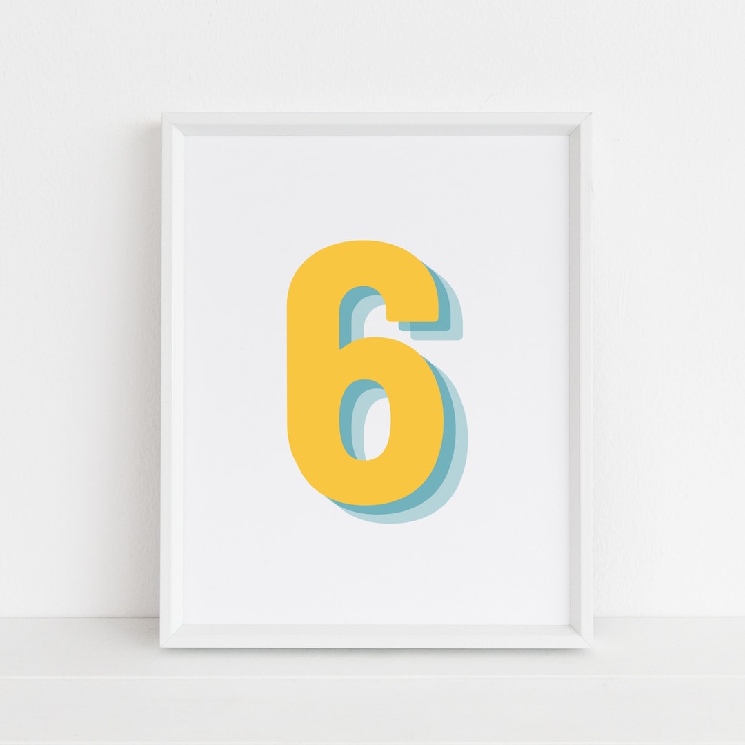 Retro 3d Yellow Number 6 Print, Monogram Number Six Print, Yellow Digit ...