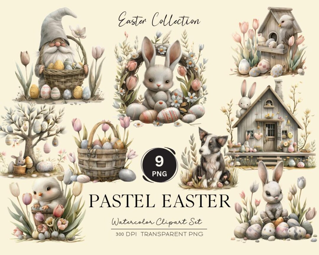 Pastel Easter Watercolor Clipart: Bunny, Eggs, Floral PNG (commercial ...