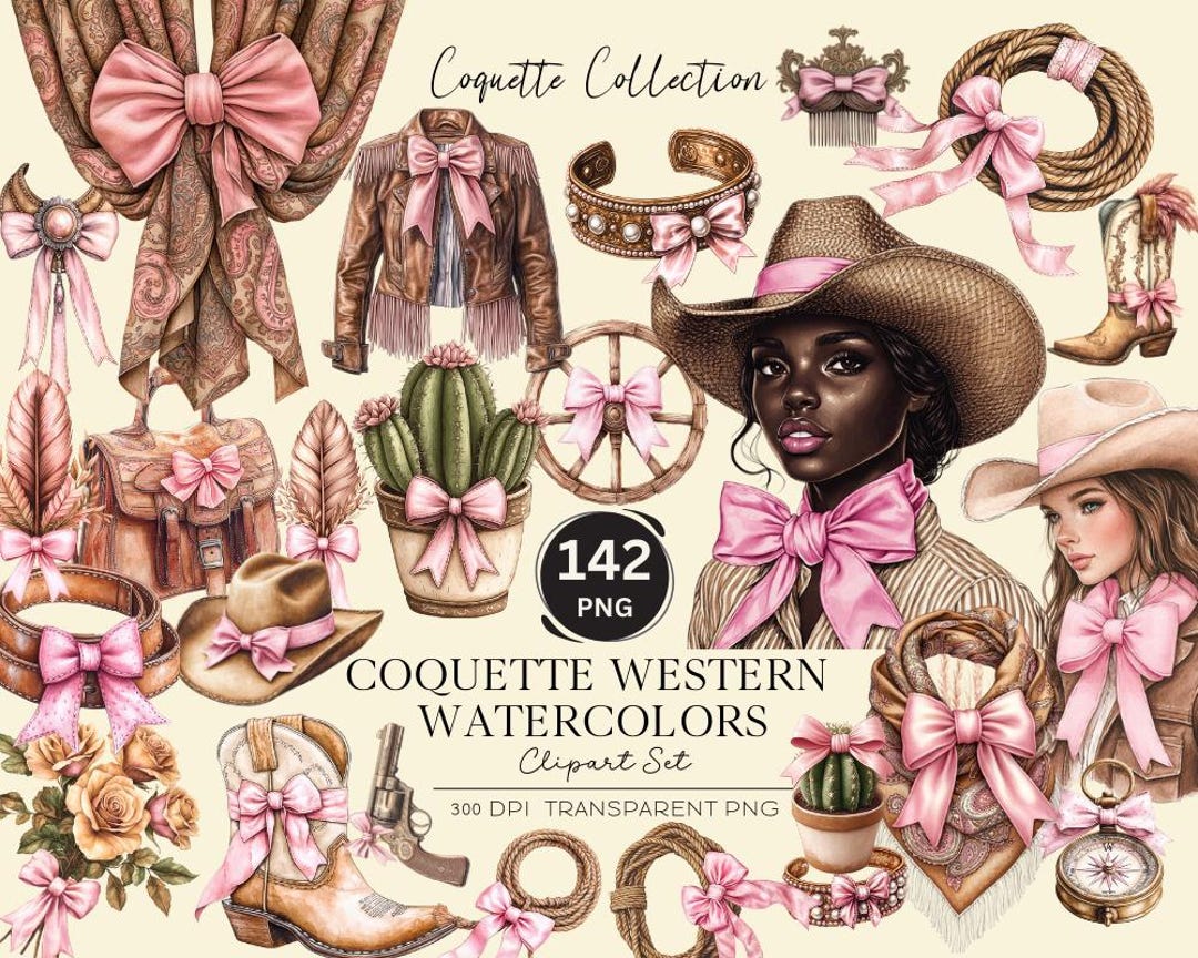 Coquette Western Watercolor Clipart, Cute Cowgirl, Cowboy, Adorable ...