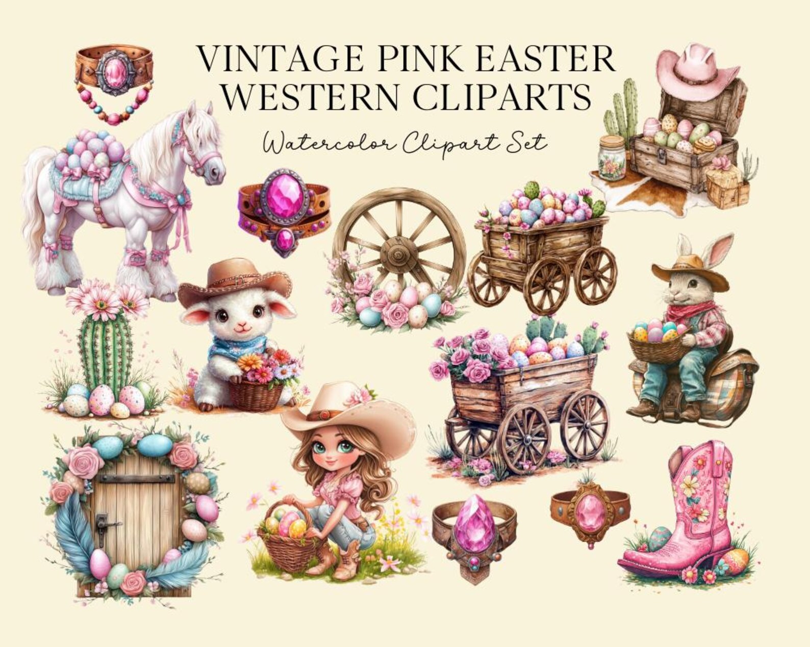 Vintage Pink Easter Western Cliparts, Western Easter T-shirt, Cowboy ...
