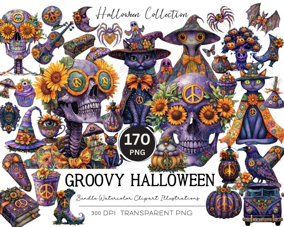 Retro Halloween Clipart Bundle: Groovy 70s Style Pngs (digital Download ...